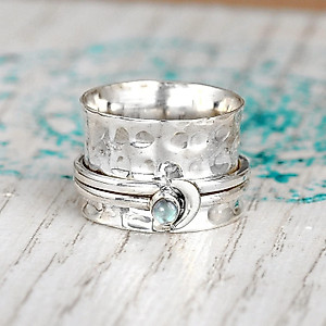 Rings for Women Vintage Zircon Moon Rotatable Band Rings Stainless Steel Finger Rings Statement Ring Stress Relieving Anti Anxiety Ring for Teen Girls Jewelry Birthday Gift, Silver