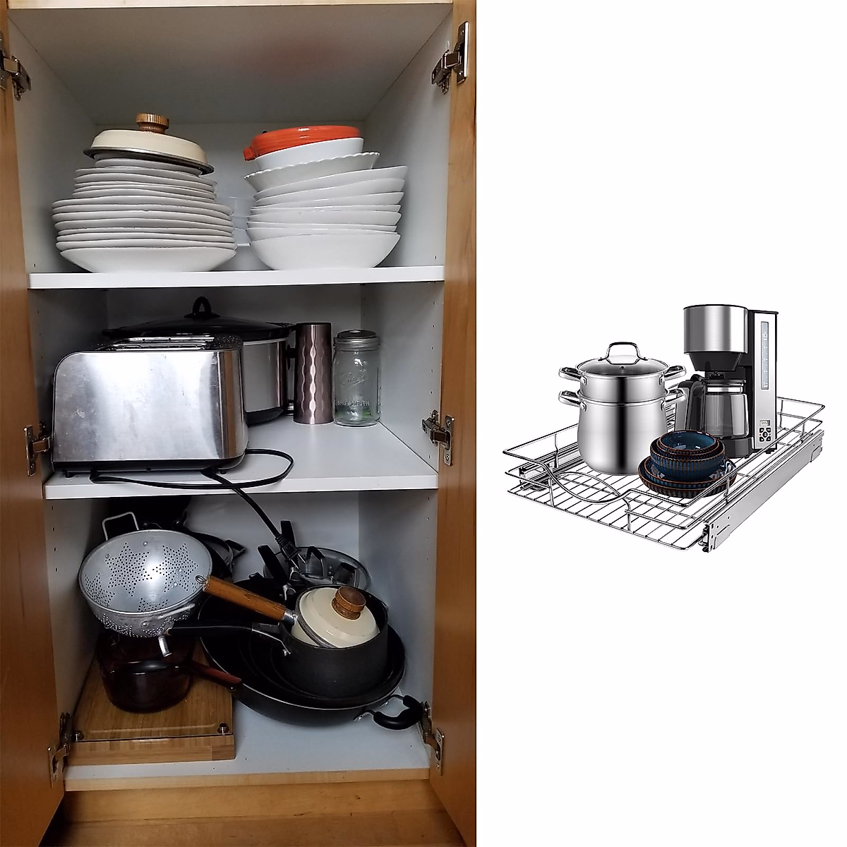 Sikarou Pull Out Cabinet Drawer Organizer, 14”W x 21”D - Requires At Least 15 Cabinet Opening, Heavy Duty Slide Out Shelves, Sliding Drawer Storage for Kitchen, Bathroom, Chrome Finish