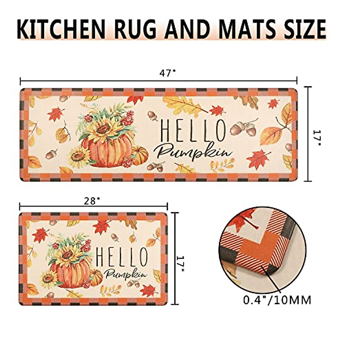 Falflor Fall Kitchen Rug and Mats Pumpkin Sunflower Decorative Kitchen Floor Mats Non Slip Kitchen Rug Heavy Duty Comfort Standing Mats for Kitchen Sink