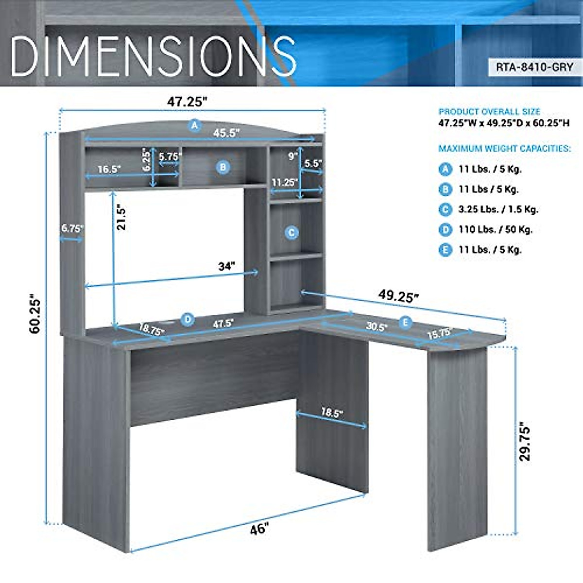 Techni Mobili Modern Hutch L-Shaped Computer Desk, Grey
