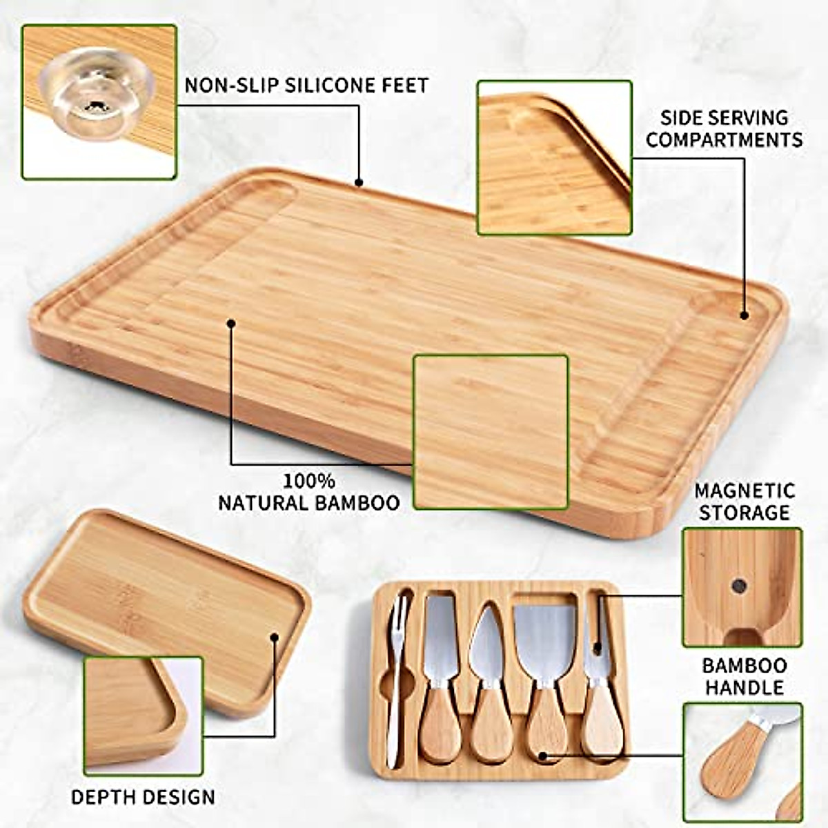 Bamboo Cheese Board, 5 Piece Large Charcuterie Boards and Knife Set - House Warming Gifts New Home, Wedding Gifts for Couple, Party Serving Platter, Anniversary Birthday Christmas Present for Women