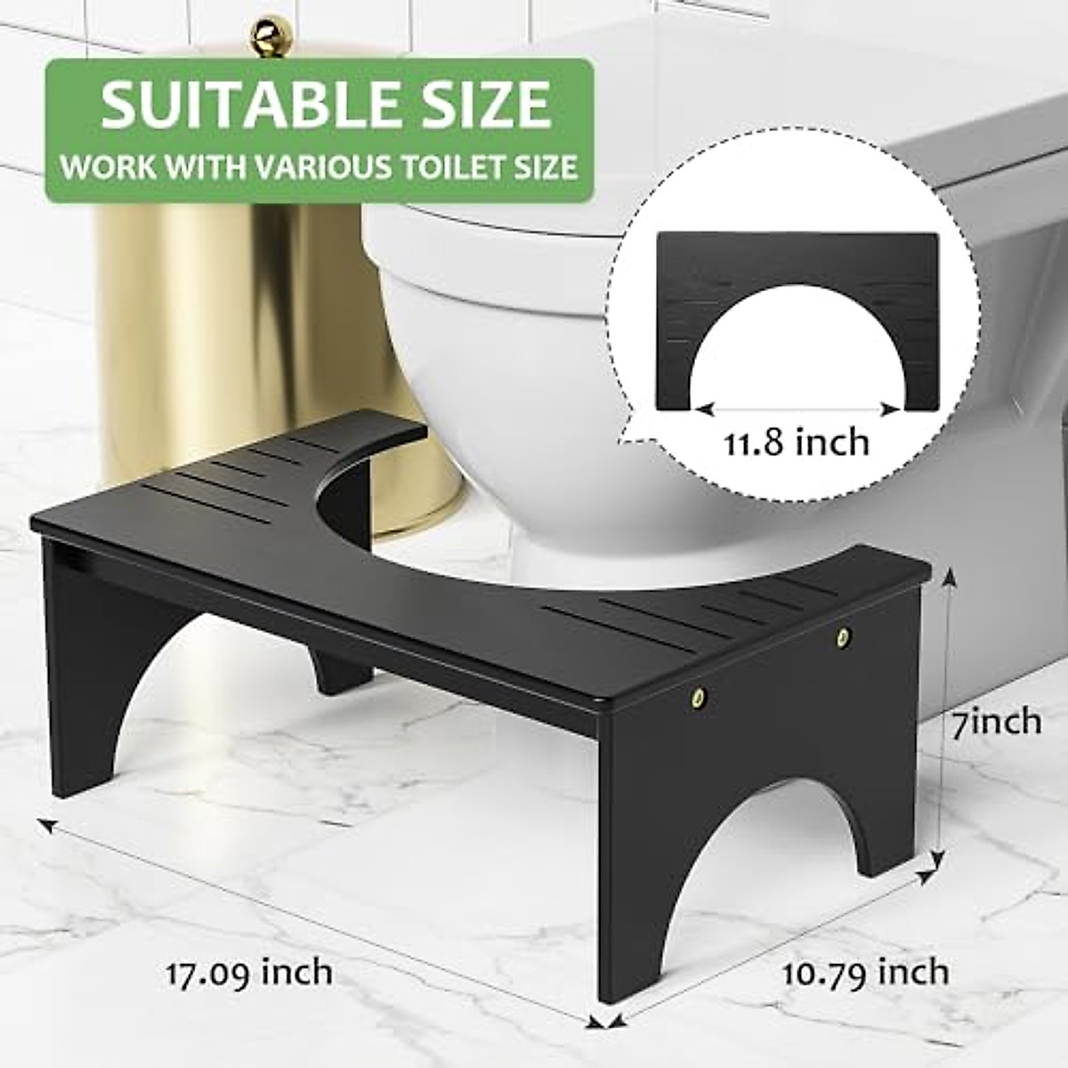 PheeHong Toilet Stool Poop Squat Stool for Adults and Kids Bamboo 7" Foot Potty Step Stool for Bathroom Squatting Position can Relieve Intestinal Pressure and Help Defecation (Black)
