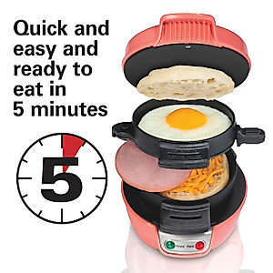 Hamilton Beach Breakfast Sandwich Maker with Egg Cooker Ring, Customize Ingredients, Perfect for English Muffins, Croissants, Mini Waffles, Perfect White Elephant Gifts, Coral (25483)