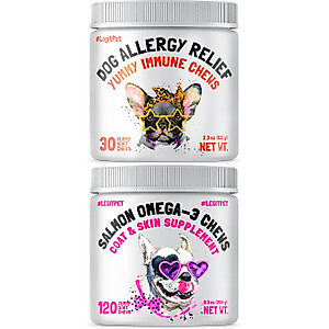 Allergy Relief Chews for Dogs & Immune & Digestive Supplement 30 Soft Treats and Omega 3 Alaskan Salmon Oil Treats for Dogs 120 Fish Oil Chew Supplement 120 Soft Treats