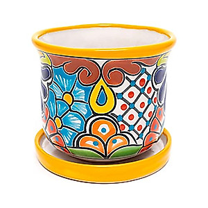 Enchanted Talavera Small Ceramic Flower Pot & Saucer Succulent Planter House Plant Cactus Bonsai Decorative Pot Plant Container 2-Piece Set (Marigold)