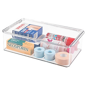 mDesign Plastic Bathroom Storage Organizer Box w/Hinge Lid for Closet Shelves, Cupboards, or Vanity, Holds Medicine, First Aid, Lotion, Cotton Swabs, and Styling Tools, Ligne Collection, Clear