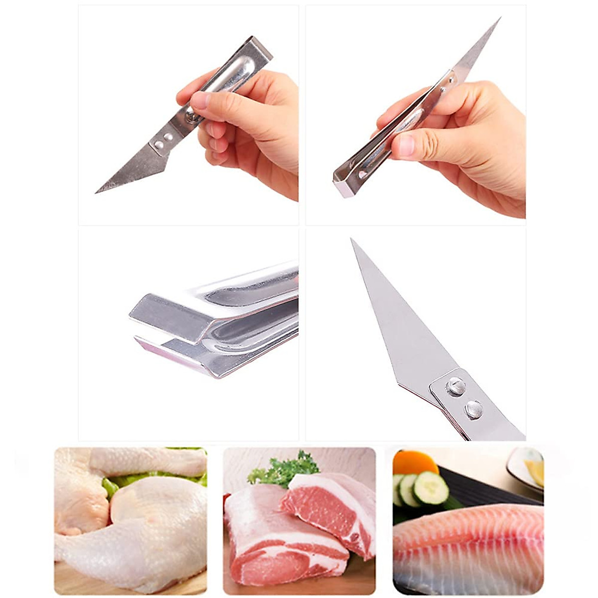 TorSor 5 Pack 2in1 Fish Bone Tweezers Chicken Meat Feather Remover Puller Seafood Tool Poultry Scissors Knife Intestine Cutter Kitchen Slant Pliers Debone Salmon Catfish Bass Hair Plucker Clip