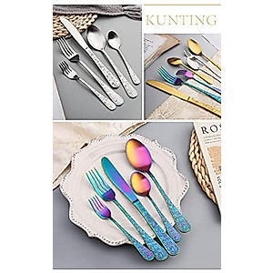 IKXO 35 Piece Silverware Set,Stainless Steel Silverware Set for 7，Modern Sleek Flatware Set, Include Knife/Fork/Spoon & Long Teaspoon/Salad Fork Mirror-Polished & Dishwasher Safe Cutlery colorful