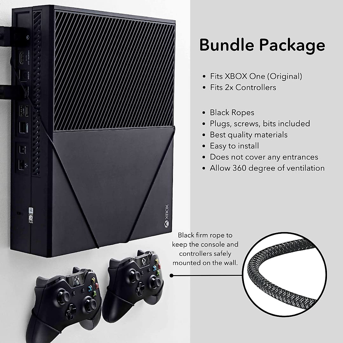 Xbox One Original Wall Mount Solution by FLOATING GRIP - Mounting Kit for Game Consoles - Effective Ventilation, Easy-to-Install System (Bundle: Fits Xbox One Original + 2X Controllers, Black)