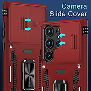 DEERLAMN for Samsung Galaxy S23 Ultra Case with Slide Camera Cover,Built-in Rotated Ring Kickstand [Full Camera Protection] [Military Grade] Heavy Duty Shockproof Protective Case Cover-Red
