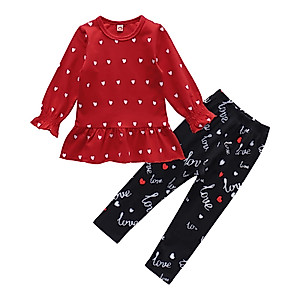 CM C&M WODRO Baby Girl Clothes Valentines Day Toddler Outfit Love Shirt Ruffle Long Sleeve Sweatshirts Top Pants Legging Set 1-5T (Red, 12-18 Months)