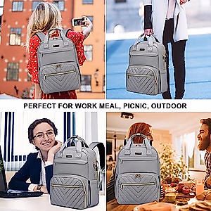 Lunch Backpack for Women, 15.6 inch Laptop Backpack with USB Port, Water Resistant Insulated Cooler Lunch Bag , Travel Work Laptop Bags with Lunch Box for College Work Pincic Camping Beaches, Grey