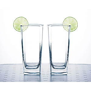 Le'raze Drinking Glasses Set of 4 - Highball Glasses, Heavy Base Durable Glass Cups for Water, Wine, Beer, Cocktails, and Mixed Drinks | Round Top, Square Bottom Glassware Set