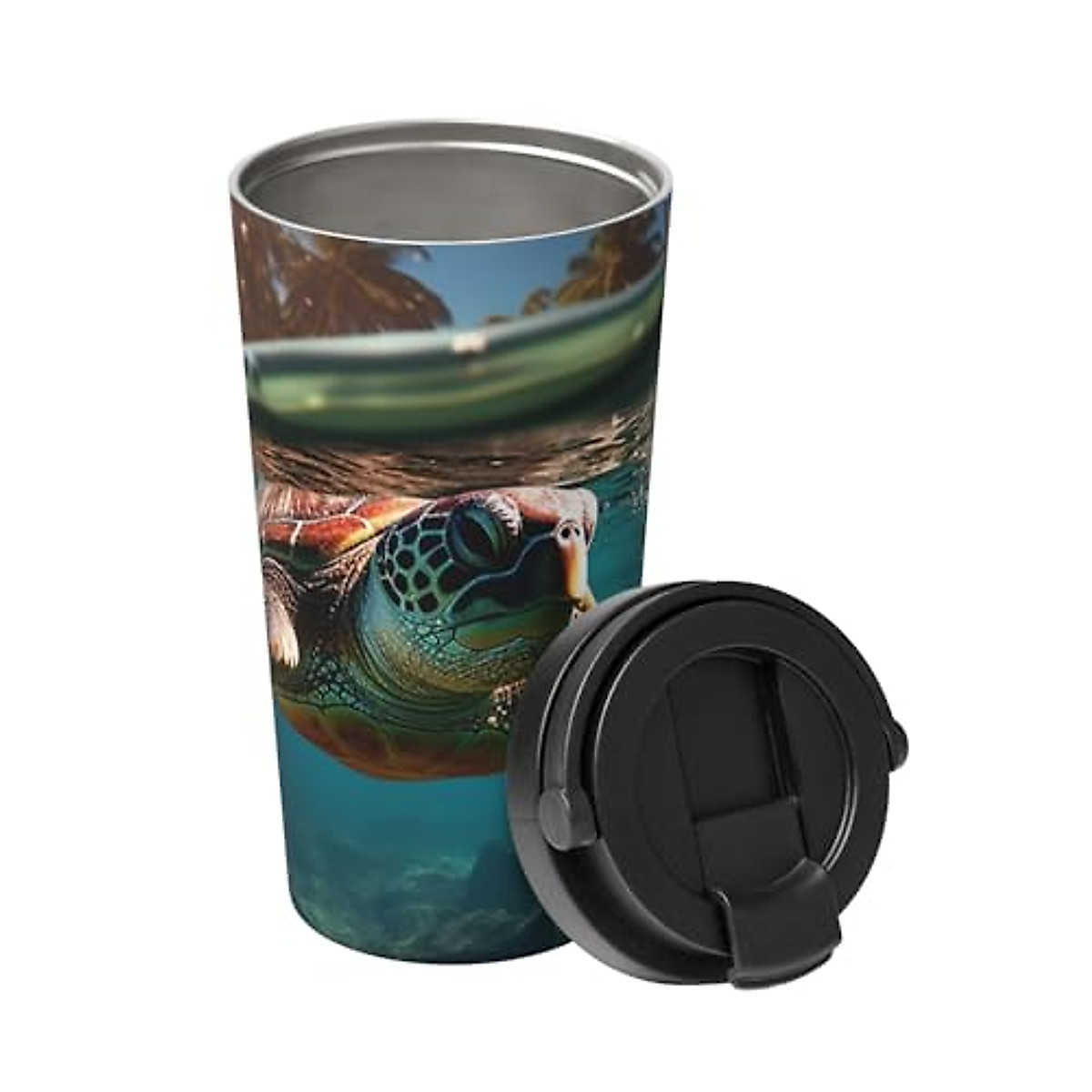 Reusable Coffee Mug with Lid and Handle, Palm Trees and Sea Turtles Diving Underwater Tumbler for Hot & Cold Drinks 16oz Stainless Steel Insulated Coffee Tumblers Double Wall Vacuum Thermal Cup