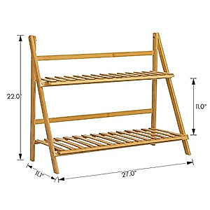 MoNiBloom Folding Bamboo Ladder Shelf 2 Tier Flower Pot Plant Display Rack Stand Organizer Holder for Home Garden Patio Balcony Indoor Outdoor Use, Natural
