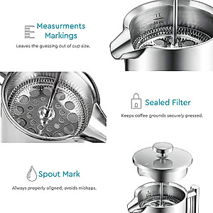 Belwares French Press Coffee Maker 50 Oz – Insulated Coffee Press Stainless Steel 304 Large – Coffee Spoon, Double Wall, & 4 Level Filtration System (1.5 Liter) – Silver