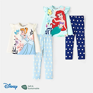 Disney Princess 2PCS Toddler Girls Outfits Ruffled Sleeves Sweatshirt and Leggings Outfit Set Deep Blue 5-6 Years