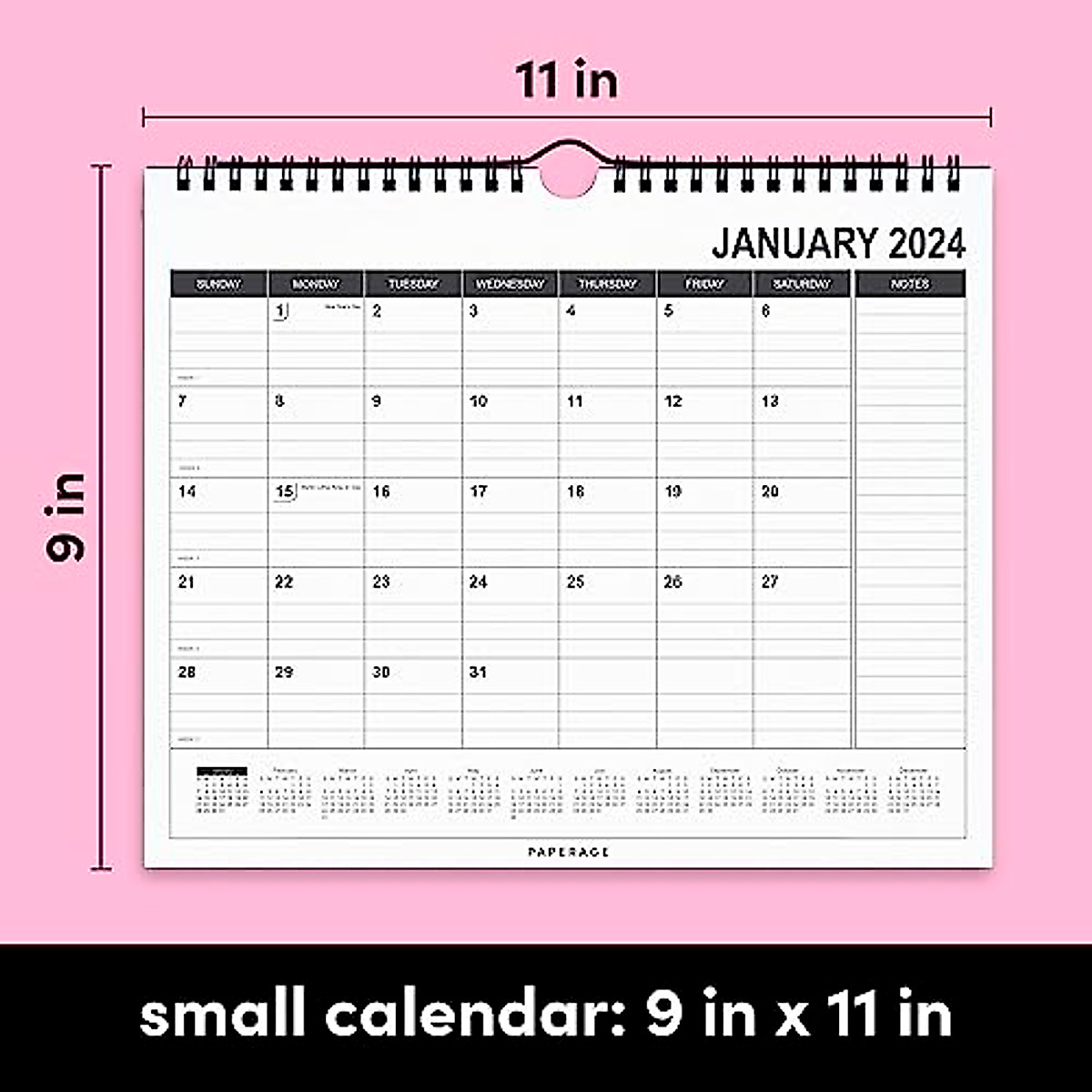 PAPERAGE Calendar 2024-12 Month (Black & White), Minimalist Wall and Desk Calendar with Monthly Views and Yearly Plans – Small (9 in x 11 in)
