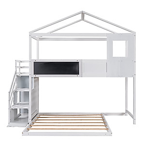 Twin Over Full House Bunk Bed with Storage Staircase & Blackboard, Wood Kids Bunk Bed with Roof and Guardrails, Playhouse Bunk Beds for Kids, Teens, Adults, No Box Spring Required (White)