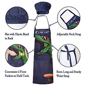 MHJY Kids Apron and Chef Hat for Boys Dinosaur Child Aprons with Pockets,Adjustable Child Apron for Cooking Baking Painting,Dark Blue,Small (3-7 Years)