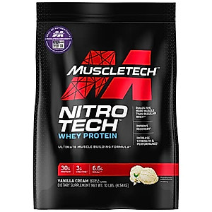 MuscleTech Nitro-Tech Whey Protein Powder Isolate & Peptides | Protein + Creatine for Muscle Gain | Muscle Builder for Men & Women | Sports Nutrition | Vanilla, 10 lb (100 Servings)
