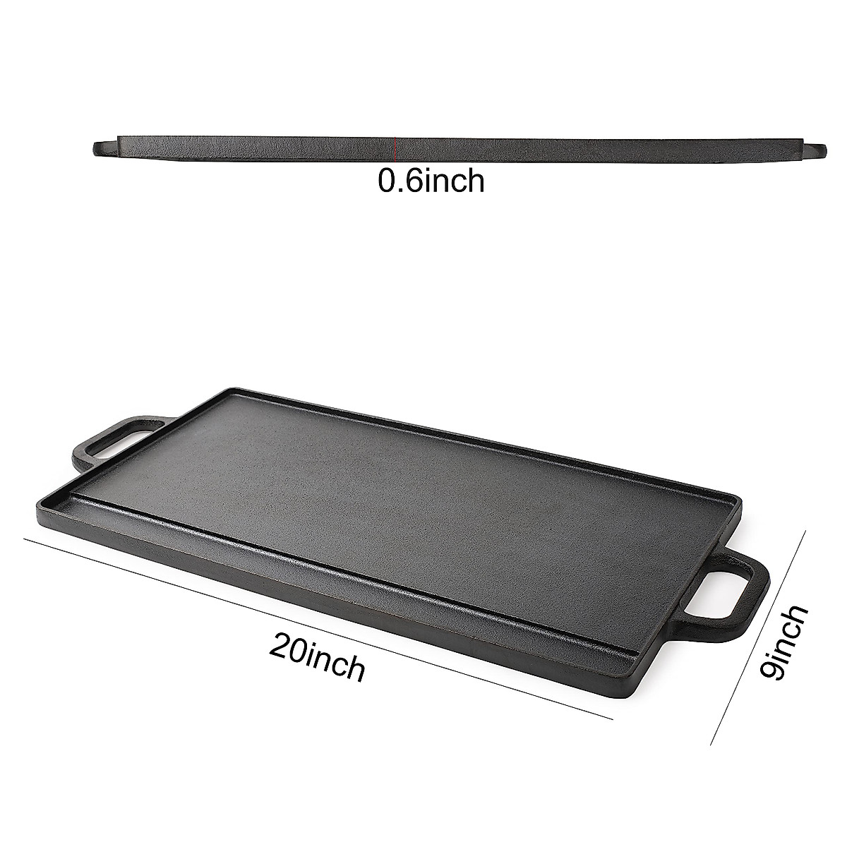 Max K 2-in-1 Cast Iron Grill & Griddle - Pre-Seasoned Reversible Grilling Plate - Oven, Campfire, Double Burner Stove Top Skillet - With Handles, Grease Reservoir - 20"x9" Inch