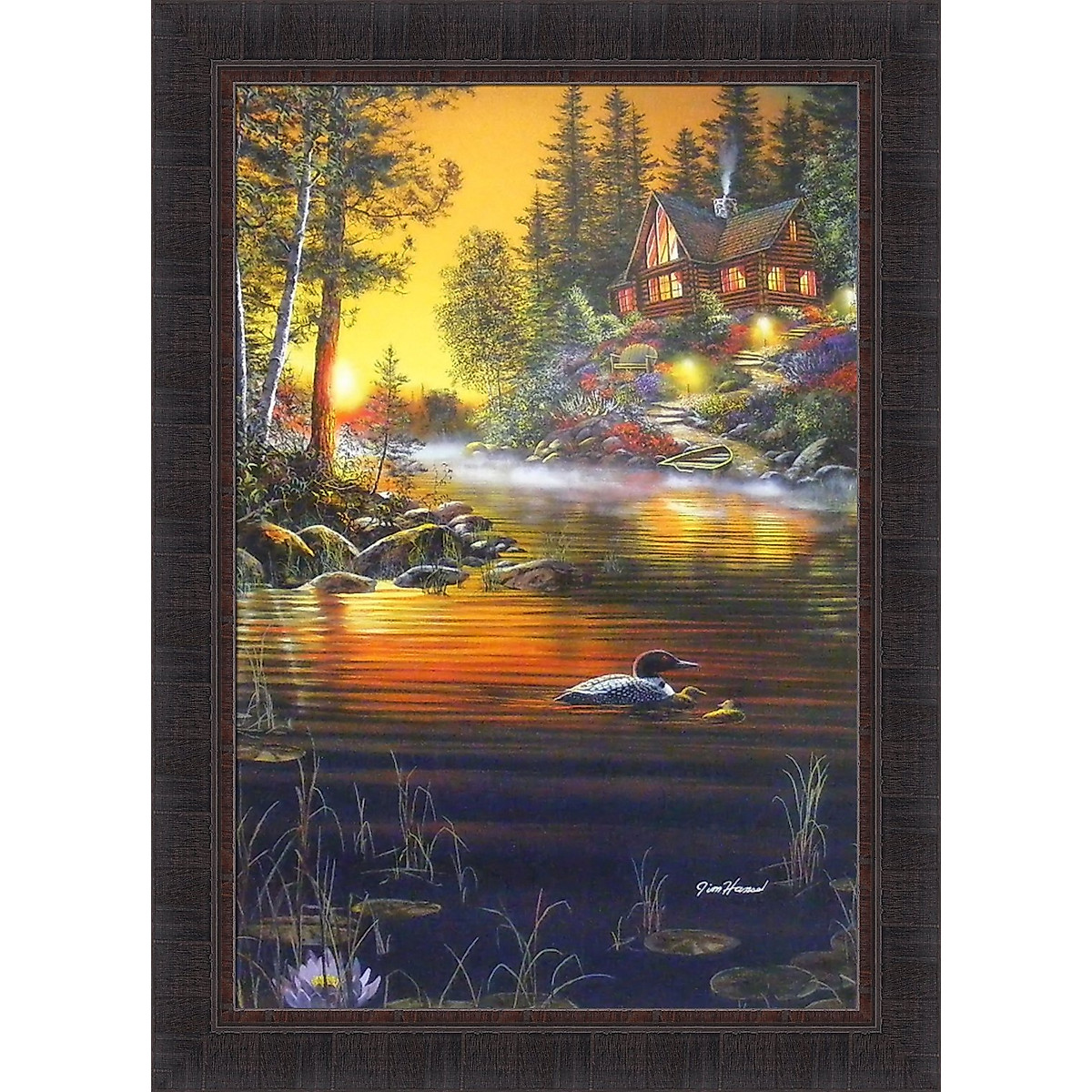 Garden Hideaway by Jim Hansel 24x33 Log Cabin Flowers Lake Loons Framed Art Print Picture