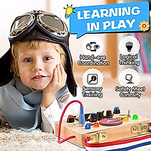 POLKRANE Montessori Toddler Busy Board Toy with LED Light - Wooden Sensory Toys with Switches for kids Gifts, Learning Toys for 1 2 3 4 Year Old Boys & Girls, baby fine motor skills toys & travel toys