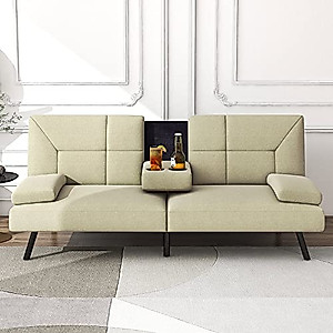 LIFERECORD Futon Sofa Bed Modern Linen Fabric Convertible Folding Lounge Couch Daybed for Living Room with 2 Cup Holders, Removable Soft Armrest and Sturdy Metal Leg, Khaki