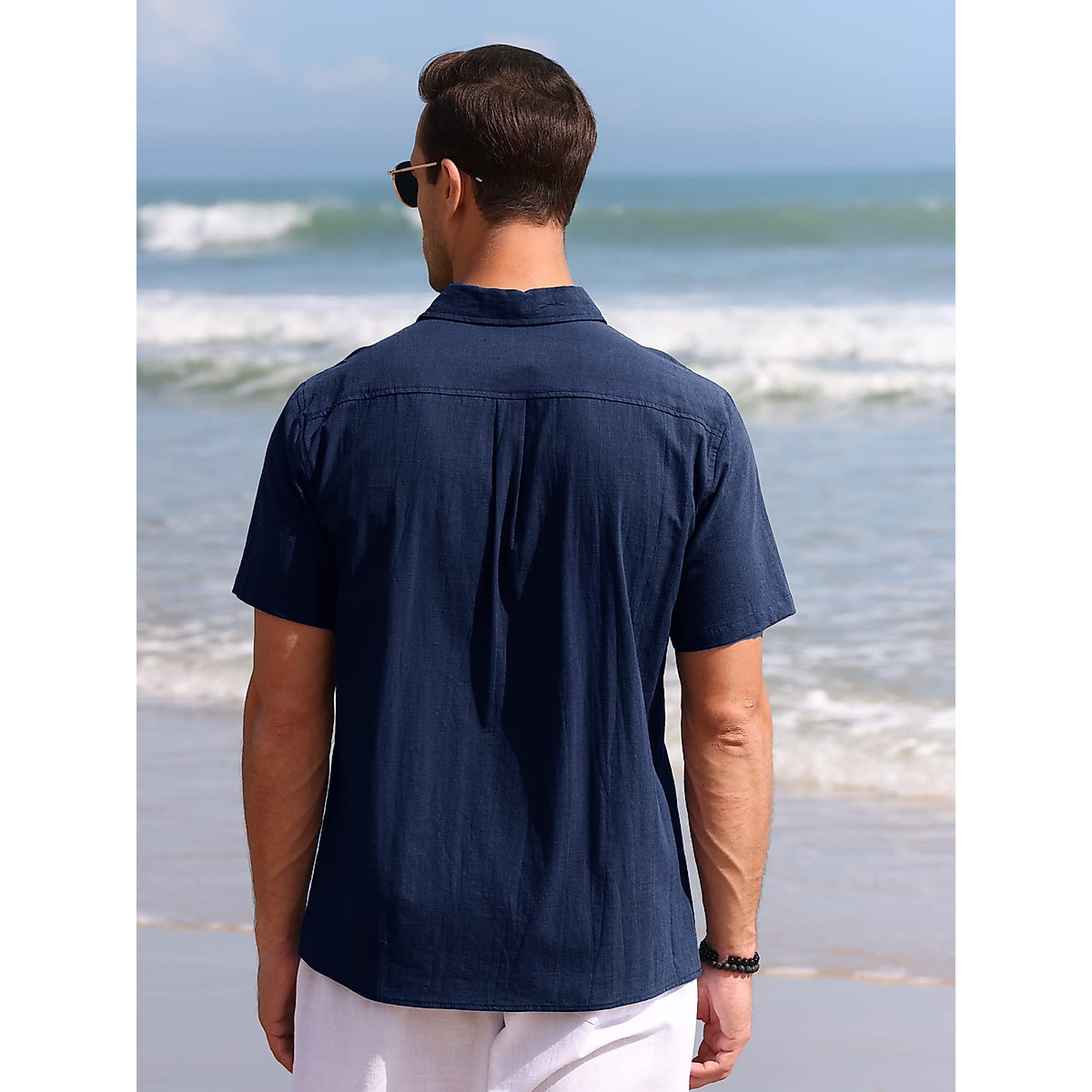 Runcati Mens Short Sleeve Guayabera Shirts Linen Cotton Button Up Mexican Embroidered Cuban Wedding Shirt Navy