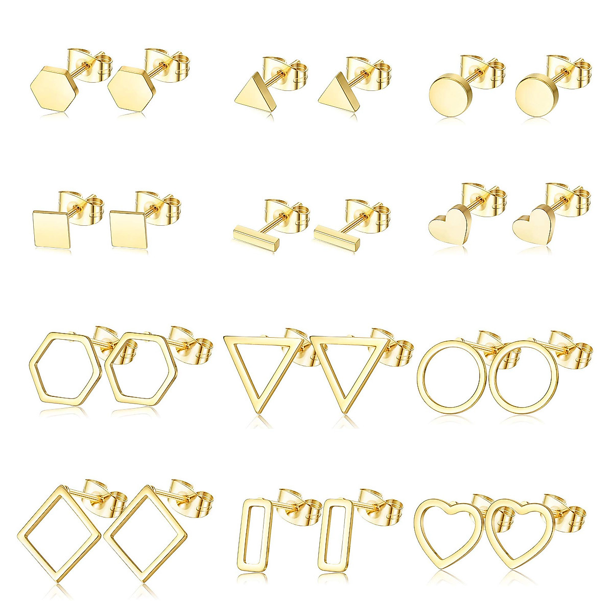 JOERICA Gold Tone Geometric Minimalist Stud Earrings for Women Simple Rhombus Hexagon Triangle Bar Heart Circle Earrings Set