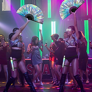 FairySandy Large Rave Fan UV Glow Hand Fan with Holster for Men/women, Rave Fan for Edm Music Festival Club Rave Accessories (Laser)