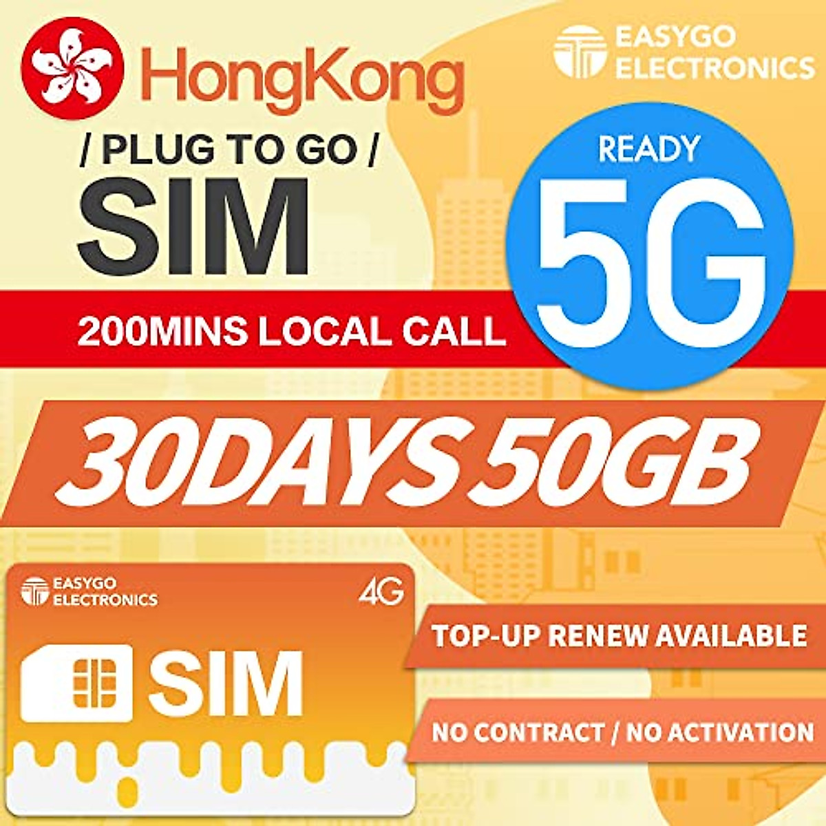 Hong Kong Sim Card 30Day 50GB 4G 200mins Local Call 4G LTE prepaid sim Card +852 Number