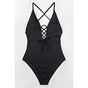 CUPSHE Women's One Piece Swimsuit Backless Tie V Neck Bathing Suit, S Black