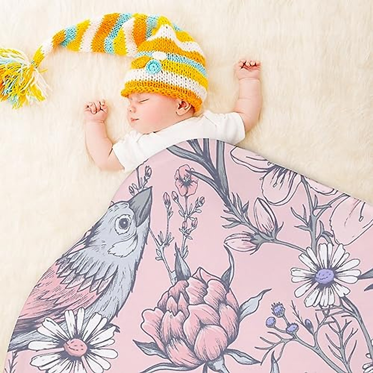 LAKIMCT Hand Drawn Flowers Birds Round Soft Baby Blankets for Boys Girls, Newborn Blanket for Suitable for Swaddling Sleep Stroller Cover Nursery Blanket, 35 Inch