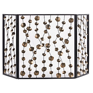 Deco 79 Metal Floral Foldable Mesh Netting 3 Panel Fireplace Screen with 3D Floral on Vines, 56" x 1" x 32", Gold