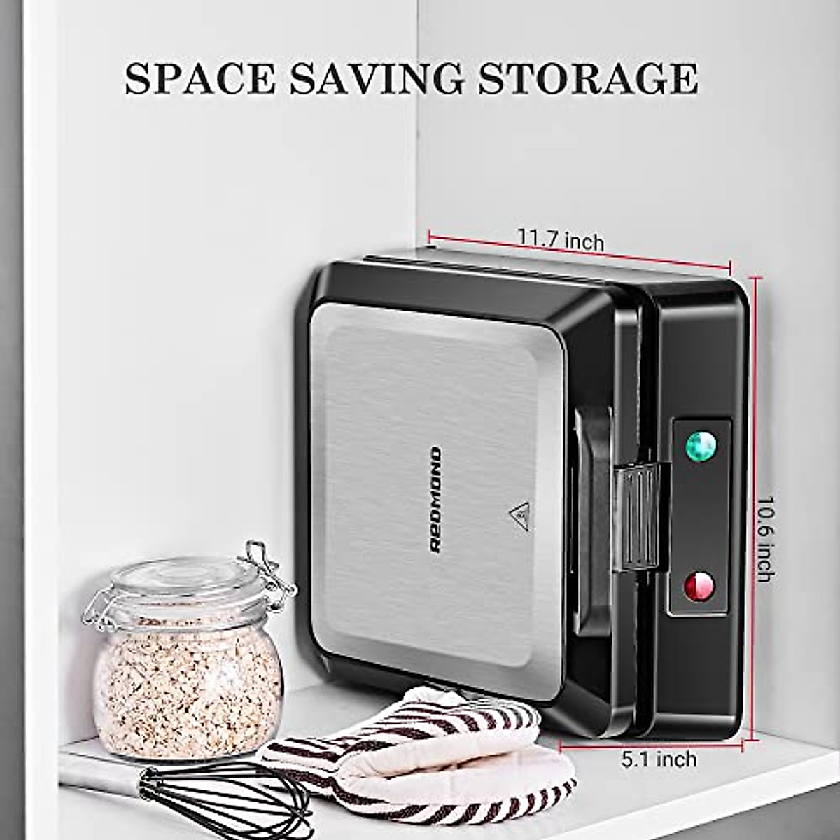 REDMOND Waffle Maker, Nonstick 4 Slice Square Waffle Iron, Compact Classic Stainless Steel Waffle Maker for Family Use Breakfast, 1300W, Black