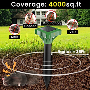 Solar Powered Mole Repellent Gopher Repeller Vole Deterrent for Underground Animals Vibration Stakes Repel Armadillo Groundhog Snake Outdoor Use for Patio Yard Garden Lawn 4 Pack
