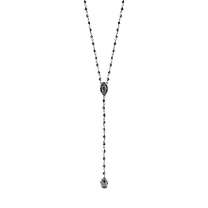 KARMA AND LUCK - Stand in Strength - Women's Real Hematite Stones 925 Sterling Silver Hamsa Evil Eye Lariat Gunmetal Plated 15" Rosary Necklace Handmade with Love in Bali