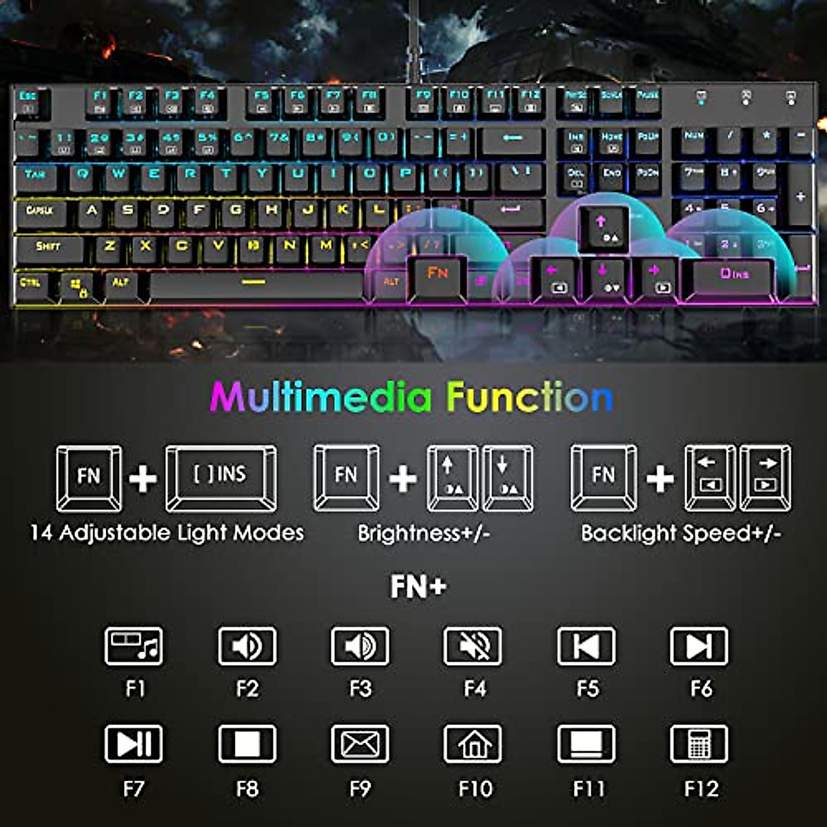 ET Mechanical Gaming Keyboard RGB Backlit Keys Computer Keyboard, 16.8 Million Color 104 Keys Blue Switch Wired Gaming Keyboards Full Size, Aluminum Base USB Keyboard for PC Gamer Laptop