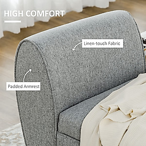 HOMCOM Upholstered Storage Ottoman, Armed Storage Bench with Rubber Wood Legs for Living Room, Light Gray