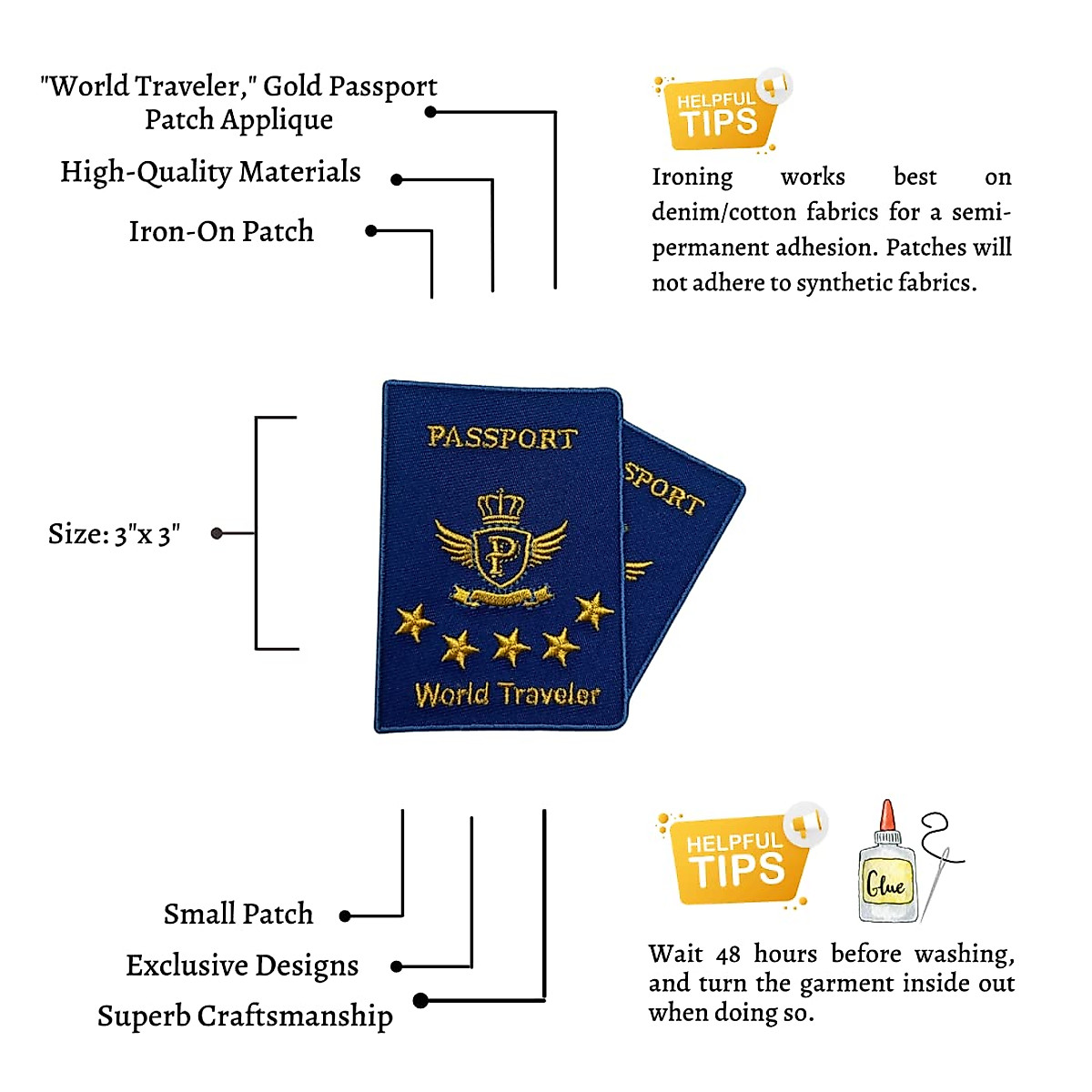 Patch Party Club "World Traveler," Gold Passport Patch, Unisex Iron-on Embroidered Patch, Melanin Travels, 3"inch x 3" Patch