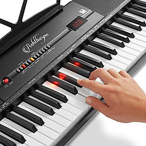 Ashthorpe 61-Key Digital Electronic Keyboard Piano with Light Up Keys, Portable Beginner Kit Includes Headphones, Mic and Keynote Stickers