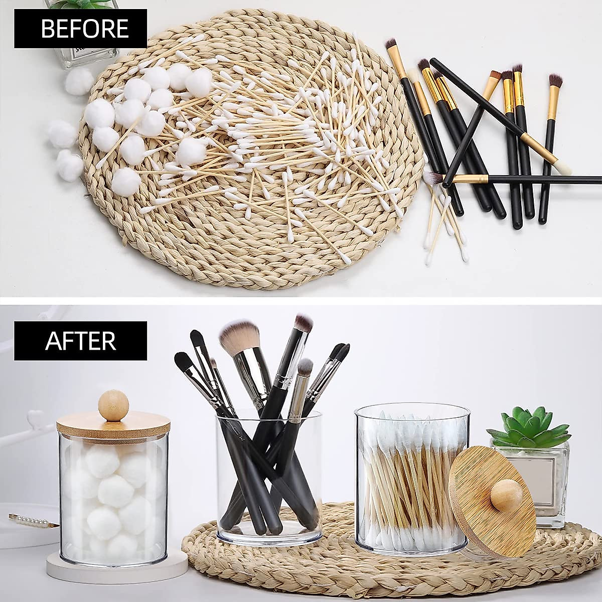 3Pcs Qtip Holder Dispenser, Apothecary Jars with Bamboo Lids, Clear Acrylic Bathroom Jars with Tray, Cotton Swab Storage Dispenser, Reusable Bathroom Canisters, Cotton Swab Holder Dispenser for Makeup