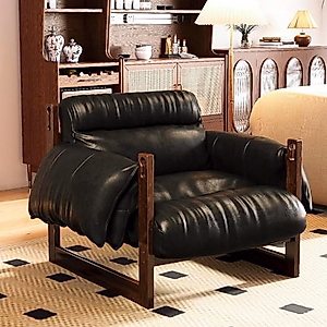 PQXM Oil Wax Leather Accent Chair, 33.5" W Solid Wood Upholstered Accent Chair for Living Room, Bedroom, Lounge, Balcony (Dark Olive)