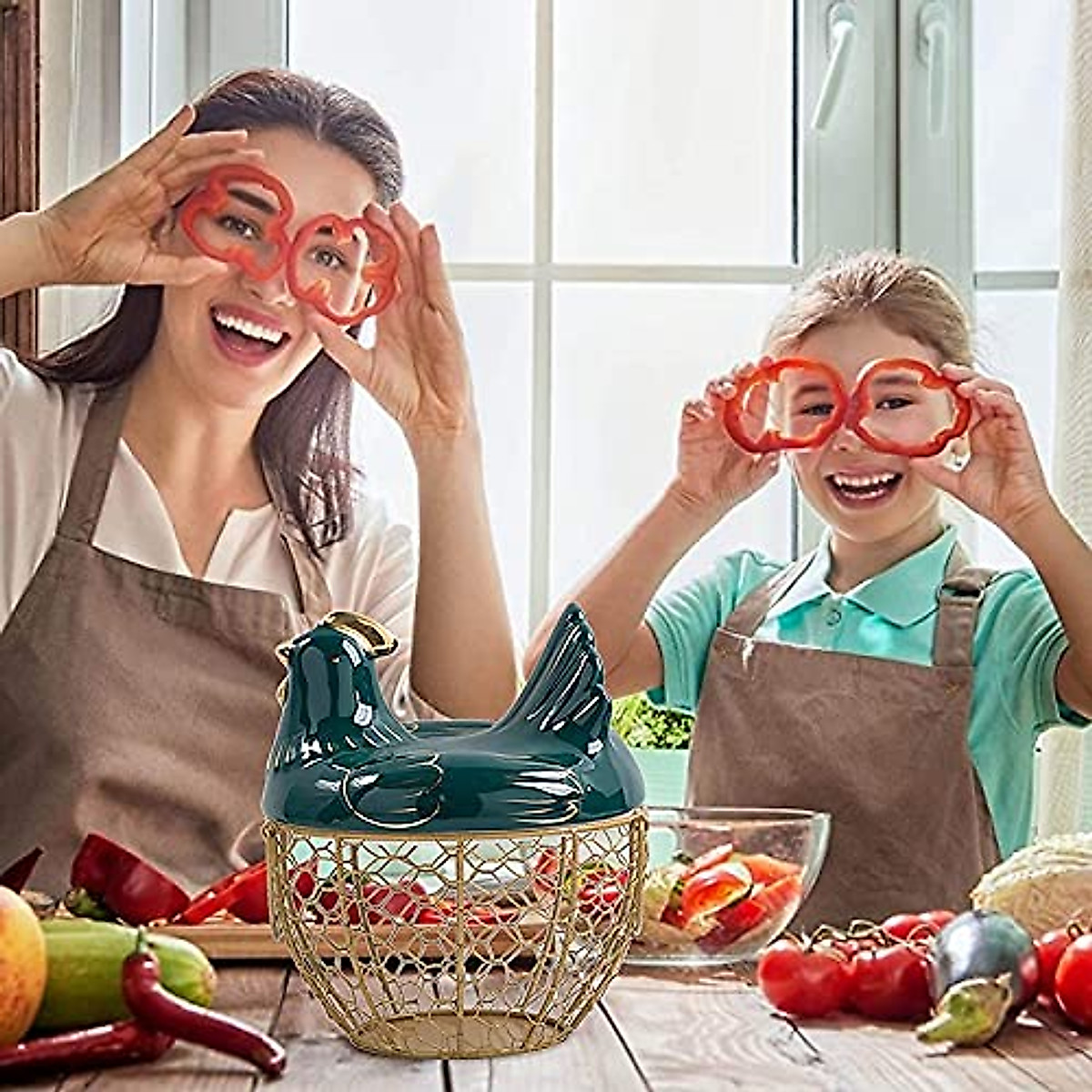 Egg Basket Metal Wire Fruit Basket with Chicken Shape Lid Ceramic Egg Holder, Holds 30 Eggs