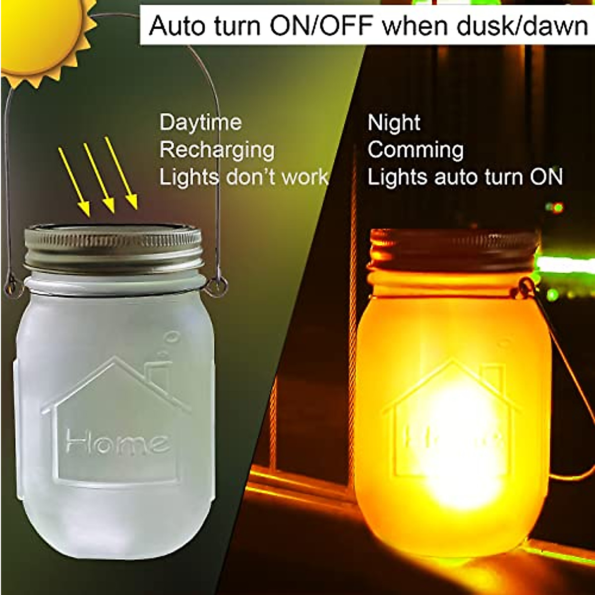 Solar Mason Jar Flicker Lights Upgraded, 4 Pack Flickering Torches Lights Outdoor Hanging Lanterns Landscape Decoration Lighting Dusk to Dawn Auto On/Off Security Halloween Torch Lights