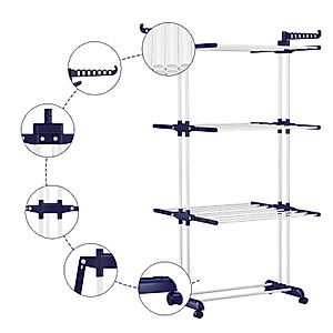 Rbitroise Clothes Drying Rack,Clothes Drying Rack Foldable,Drying Rack Clothing Folding,4-Tier Laundry Drying Rack for Clothes,Rolling Clothes Horses Dryer Rack,-Dark Blue