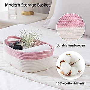 OIAHOMY Cotton Rope Storage Basket, Set of 5 Woven Baskets for Organizing with Handles, Decorative Basket for Baby Nursery, Dog Cat Toy Baskets - Pink & White