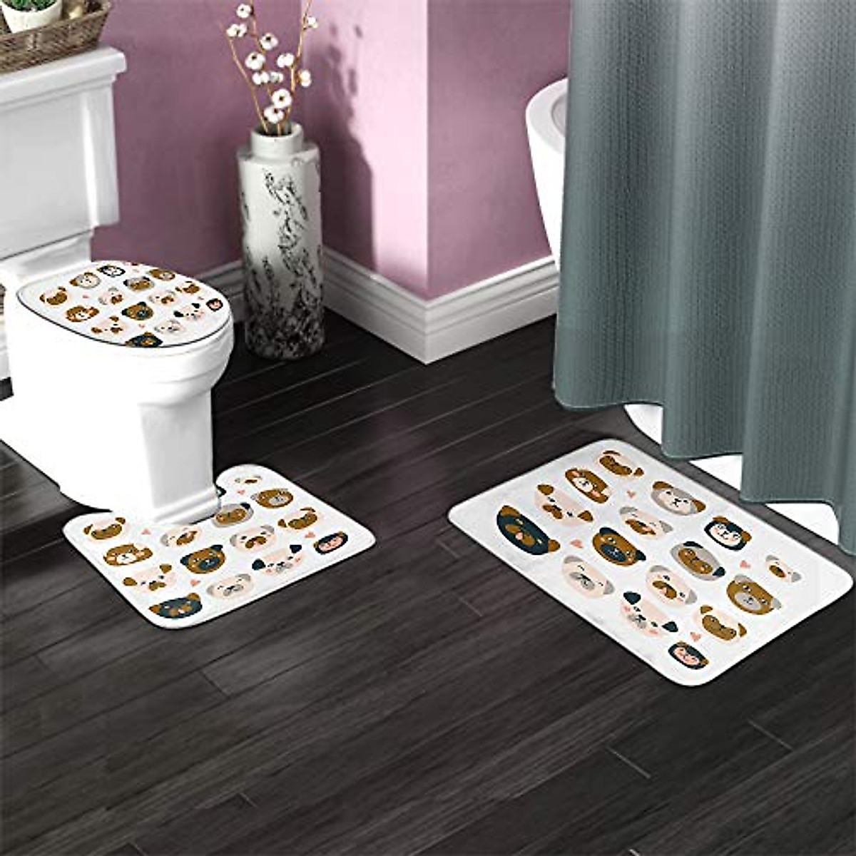 Moslion Cartoon Pug Puppies Bath Mat Dog Funny Lovely Animal Cute Face Smile Tongue Expression Bathroom Mat 3 Piece Set Non-Slip Bathmat Antiskid Pad Doormat and Toilet Lid Cover Set